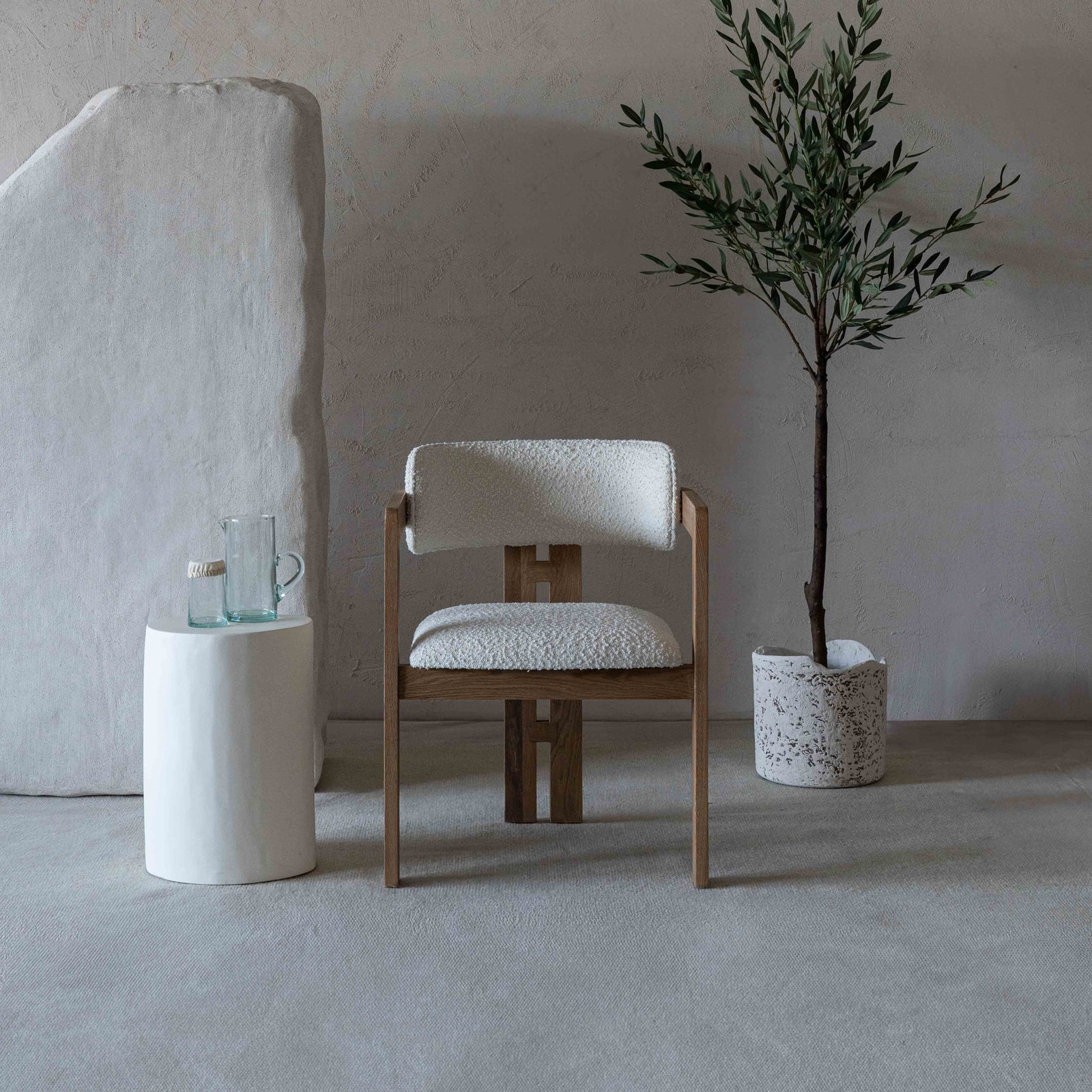 Caden Natural Solid Wood & Boucle Dining Chair | Ws Living Furniture Dubai