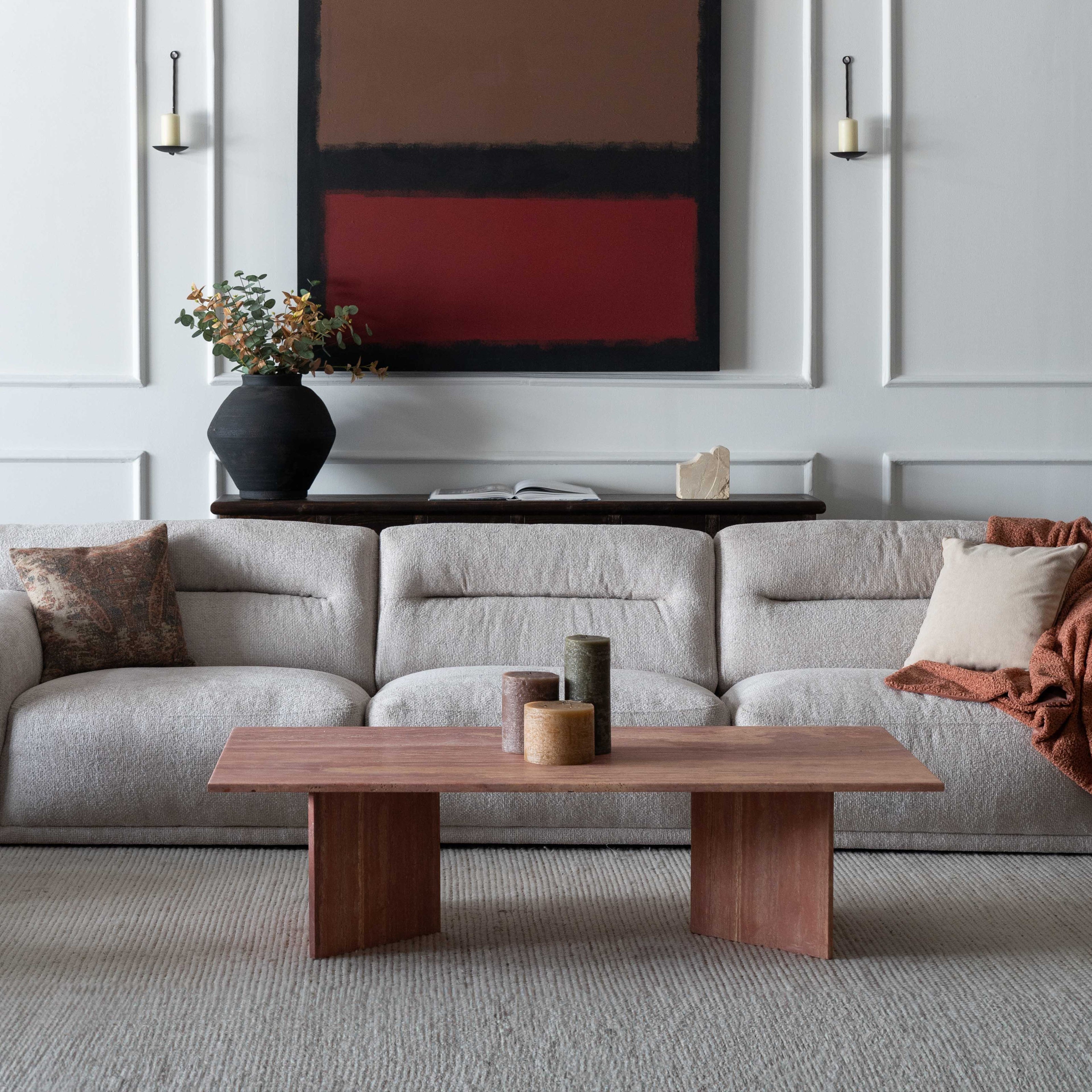 Palm Rectangle Pink Travertine Marble Coffee Table | WS LIVING - UAE